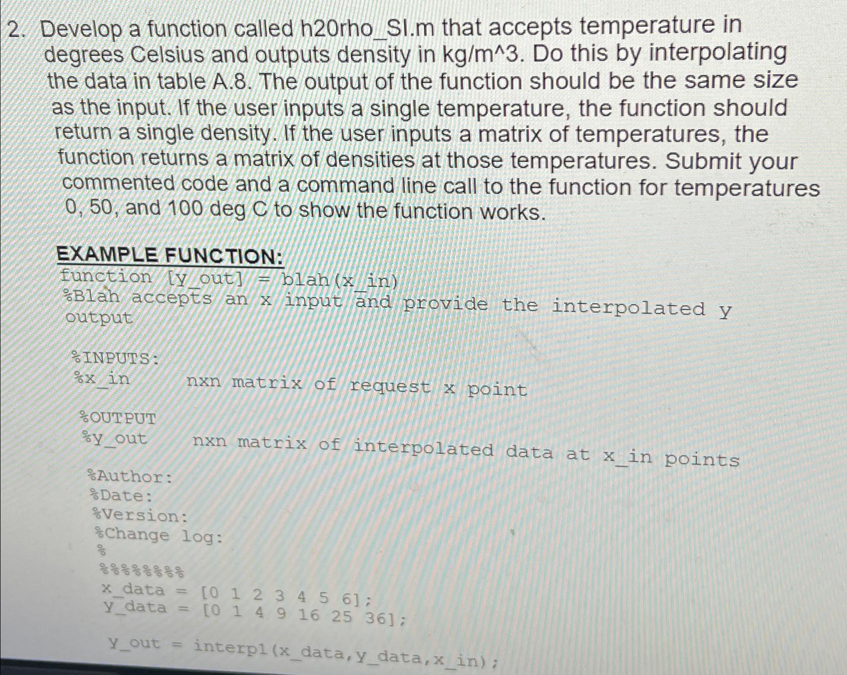 Solved Develop a function called h20 ﻿rho_SI.m that accepts | Chegg.com