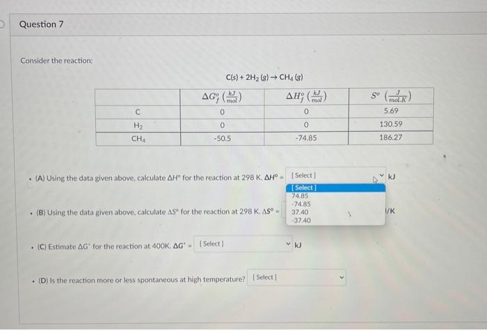 Solved Consider the reaction: C(s)+2H2( g)→CH4( s) - (A) | Chegg.com