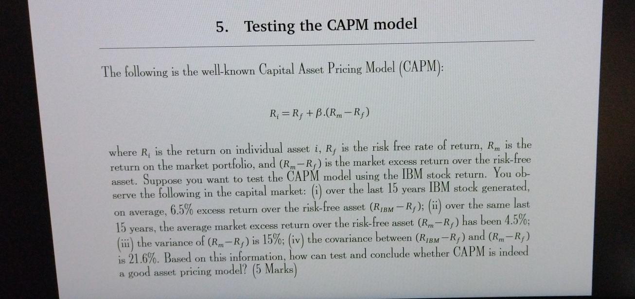 Solved 5. Testing the CAPM model The following is the | Chegg.com