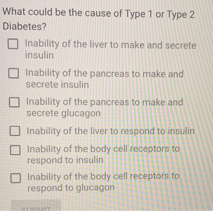 Solved What could be the cause of Type 1 or Type 2 Diabetes? | Chegg.com