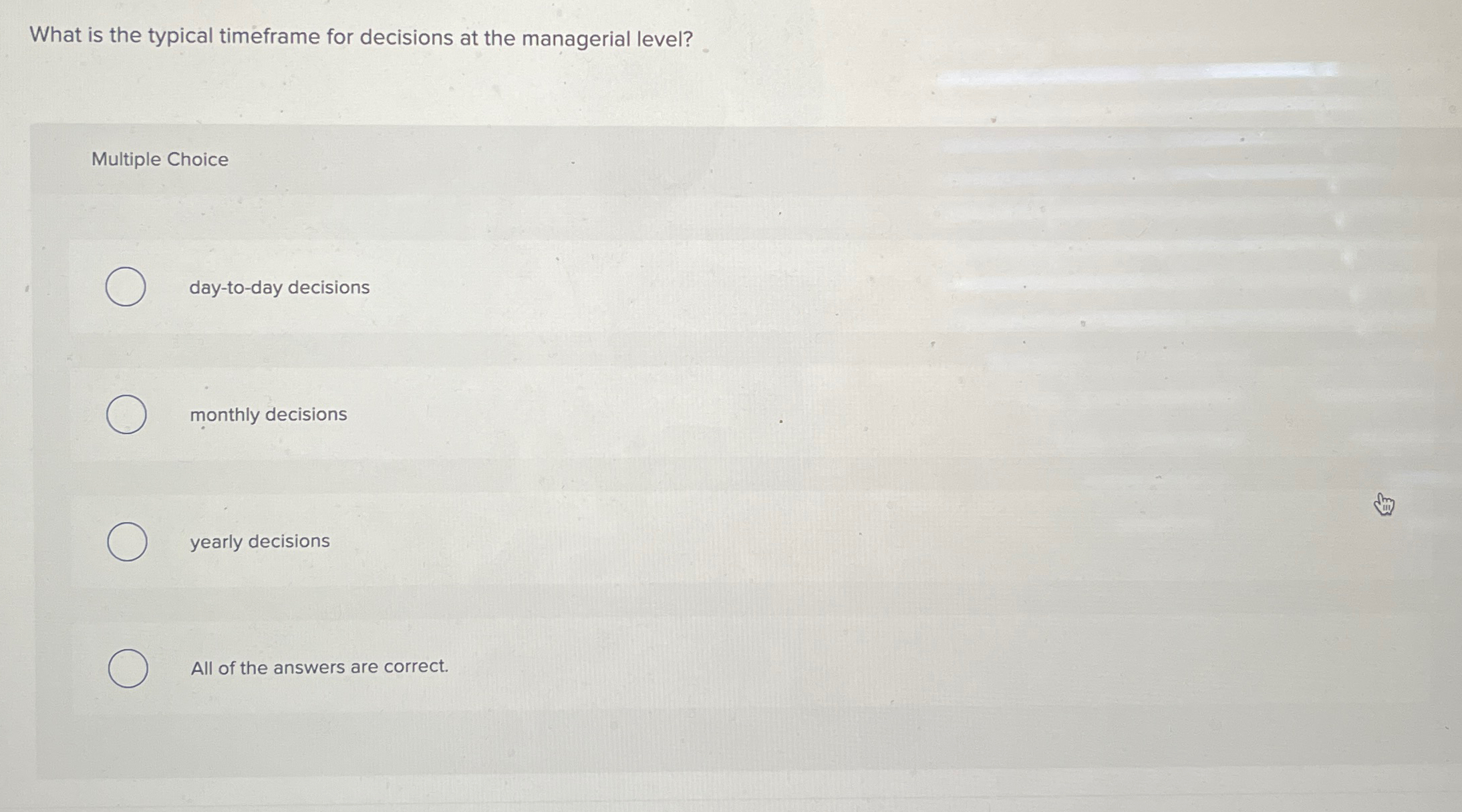Solved What is the typical timeframe for decisions at the | Chegg.com Solved What is the typical timeframe for decisions at the | Chegg.com