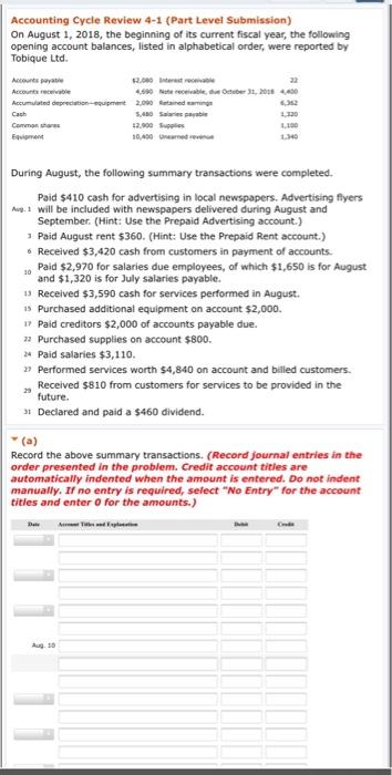 Solved Accounting Cycle Review 4-1 (Part Level Submission) | Chegg.com