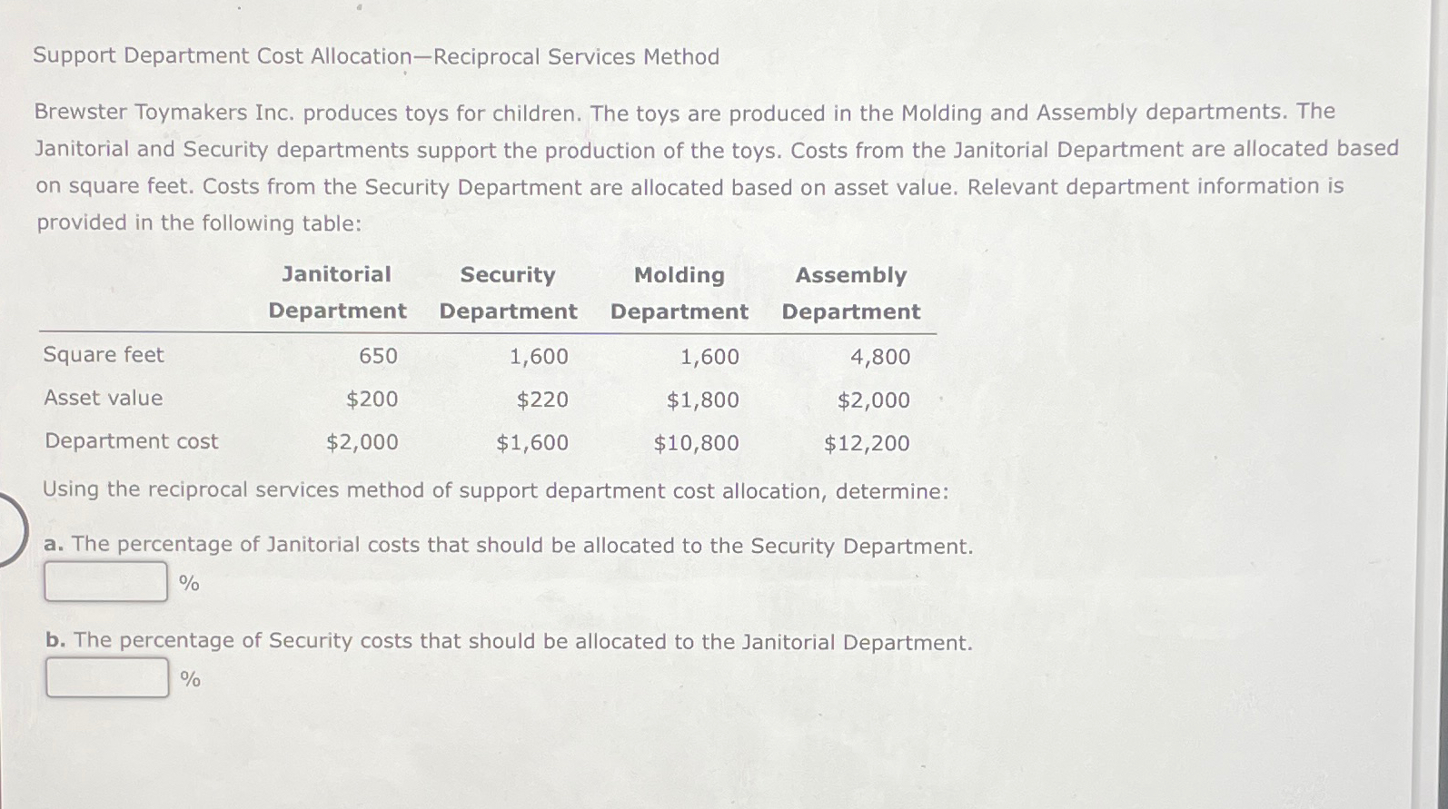 Solved Support Department Cost Allocation-Reciprocal | Chegg.com