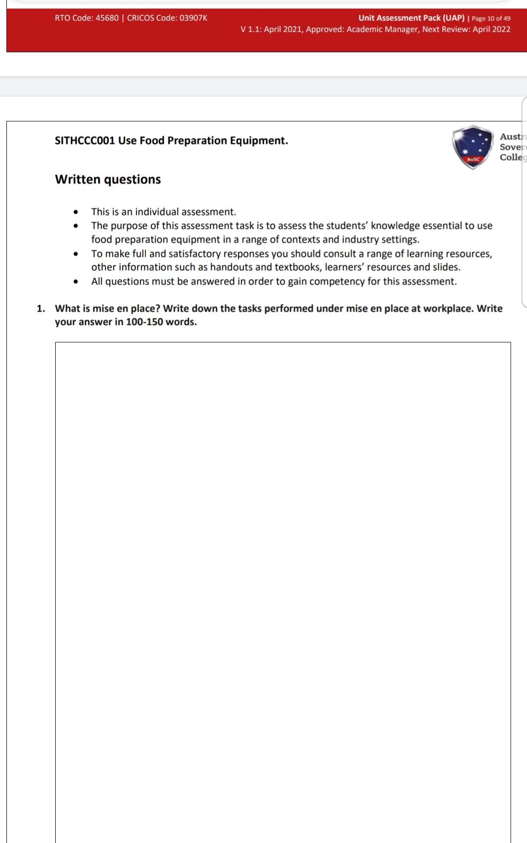 RTO Code: 45680 | CRICOS Code: 03907K Unit Assessment | Chegg.com