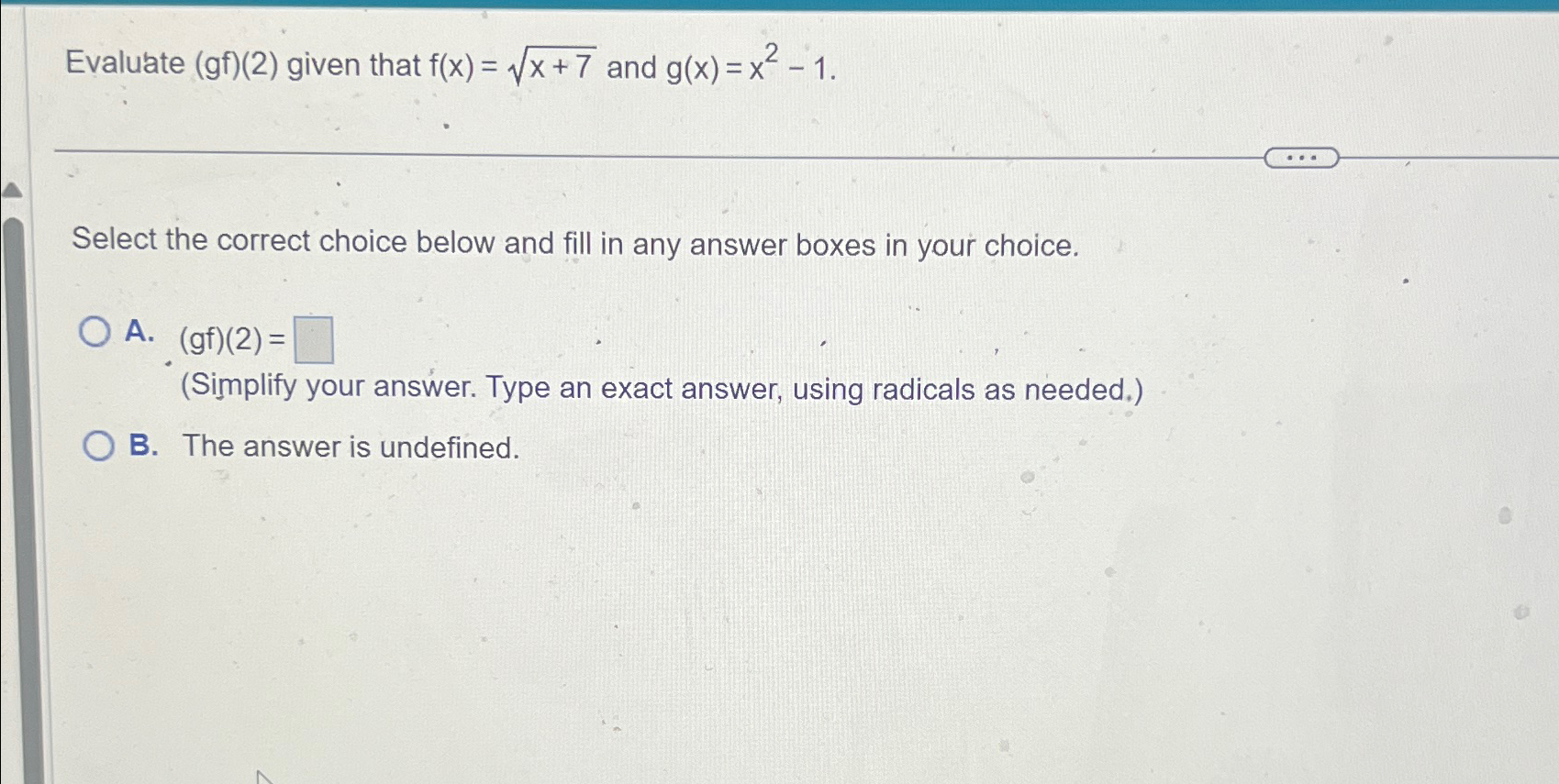 Solved Evaluate (gf)(2) ﻿given that f(x)=x+72 ﻿and | Chegg.com