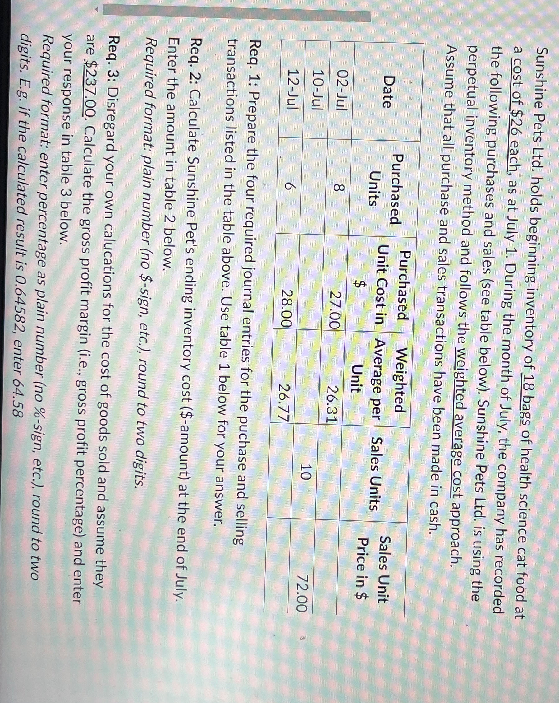 Solved Sunshine Pets Ltd. ﻿holds beginning inventory of 18 | Chegg.com