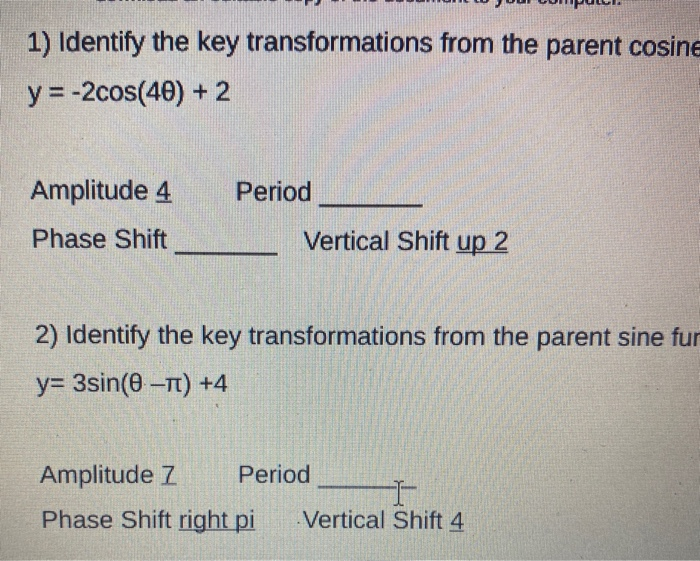 Solved 1) Identify the key transformations from the parent | Chegg.com