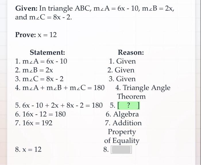 Solved Given: In triangle ABC,m∠A=6x−10,m∠B=2x, and | Chegg.com