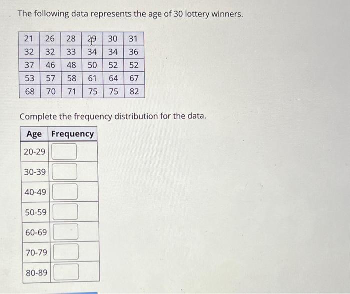 Solved The following data represents the age of 30 lottery | Chegg.com