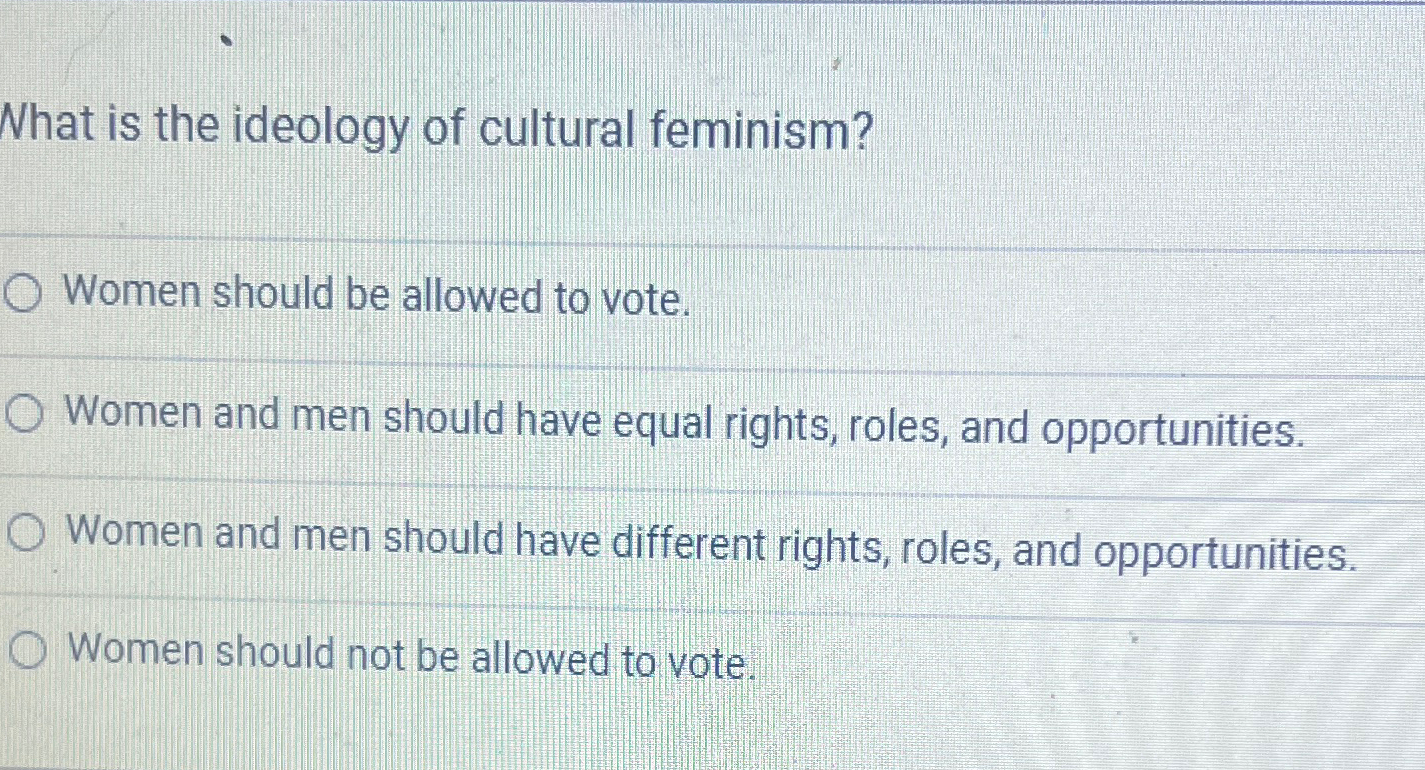 Solved What is the ideology of cultural feminism?Women | Chegg.com