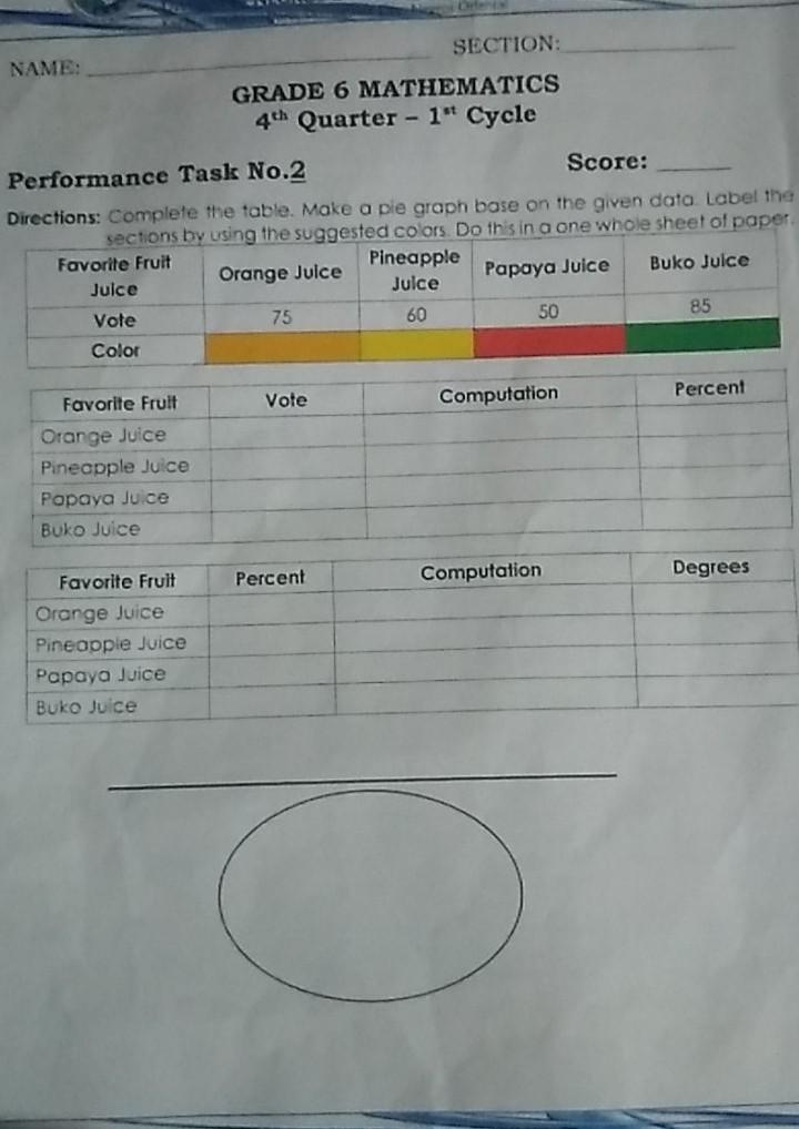 SECTION: NAME: GRADE 6 MATHEMATICS 4th Quarter - 1" | Chegg.com