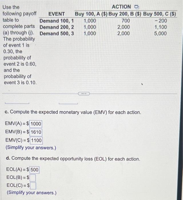 c. Compute the expected monetary value (EMV) for each | Chegg.com