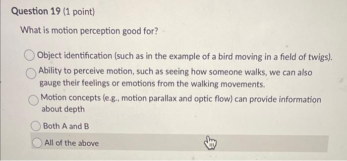 Solved Question 19 (1 point) What is motion perception good | Chegg.com