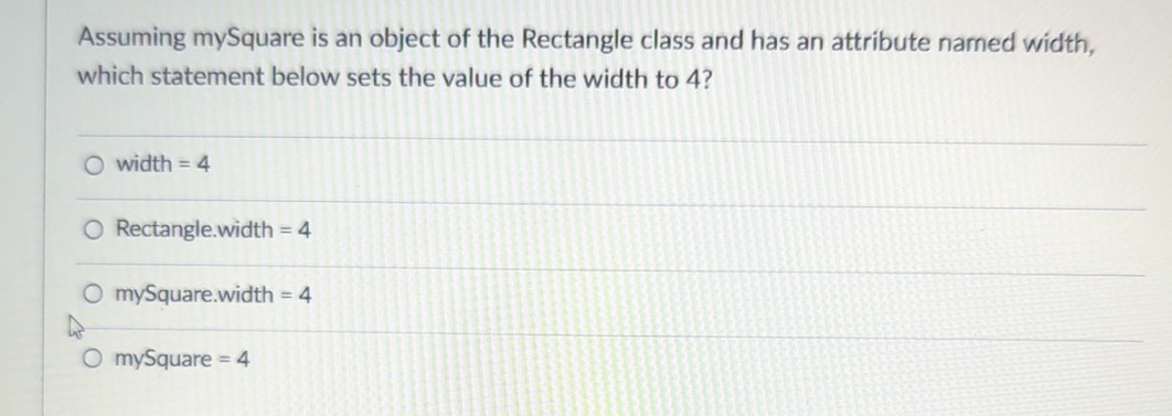 Solved Assuming mySquare is an object of the Rectangle class | Chegg.com