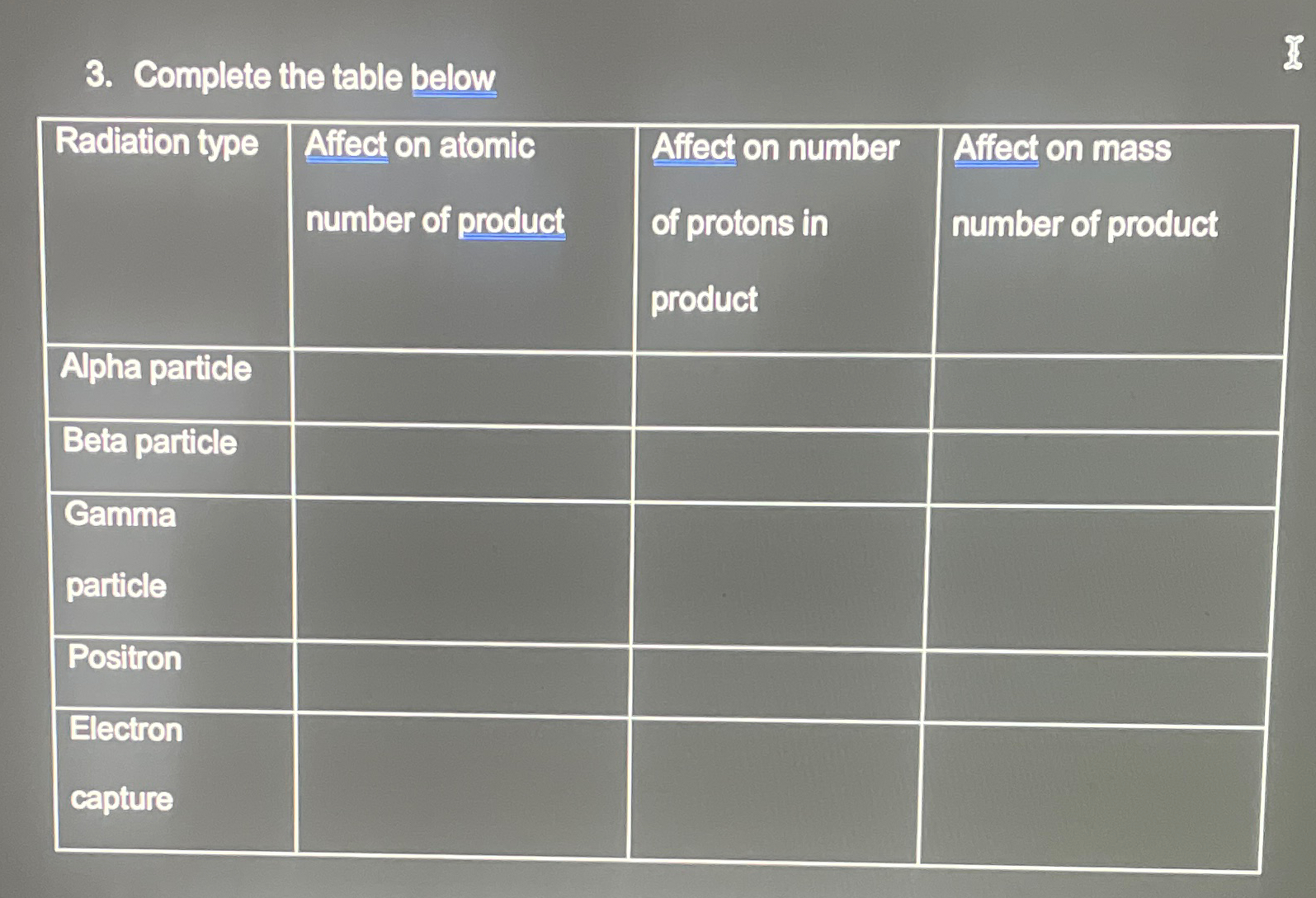 Complete the table below\table[[Radiation | Chegg.com