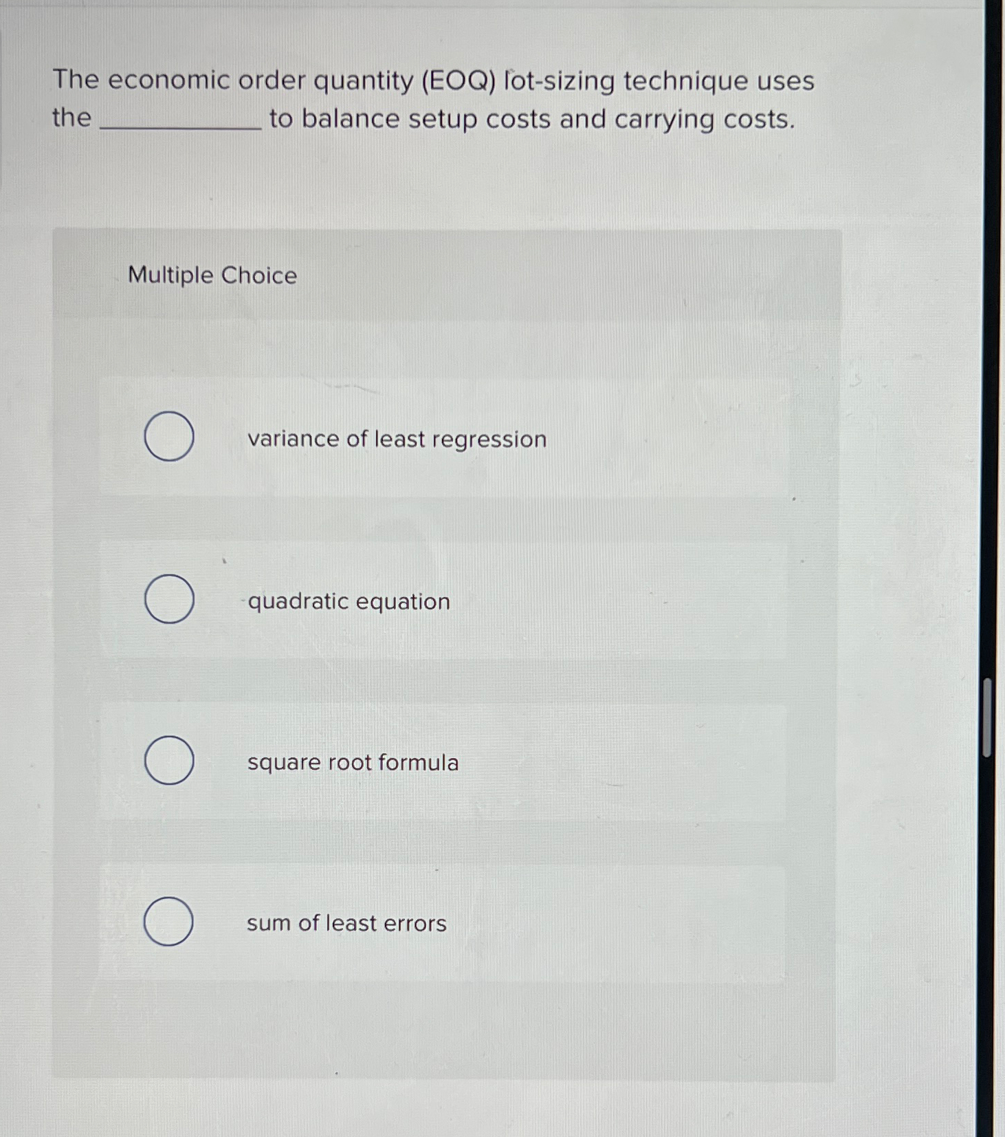 Solved The economic order quantity (EOQ) ﻿lot-sizing | Chegg.com