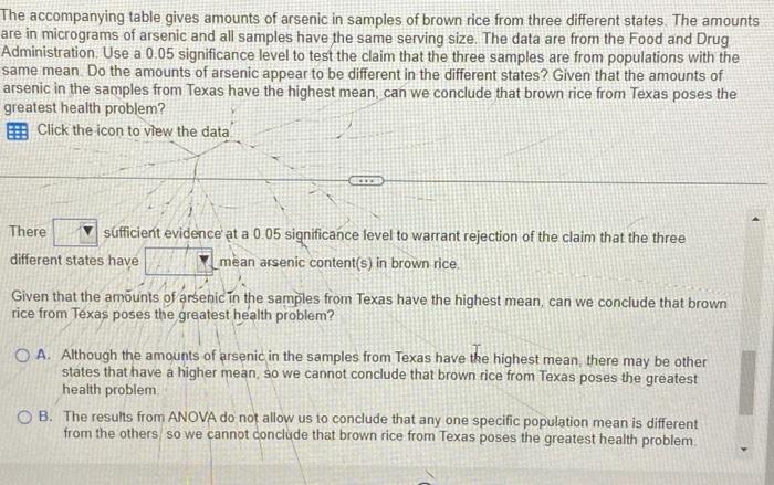 Solved The accompanying table gives amounts of arsenic in | Chegg.com