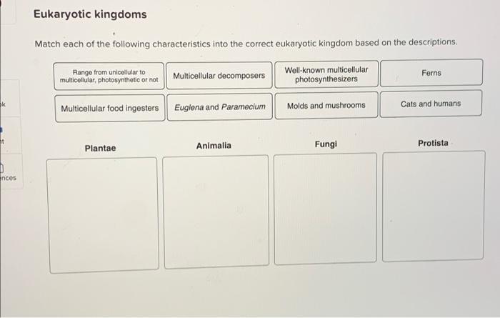 Solved Eukaryotic kingdoms Match each of the following | Chegg.com