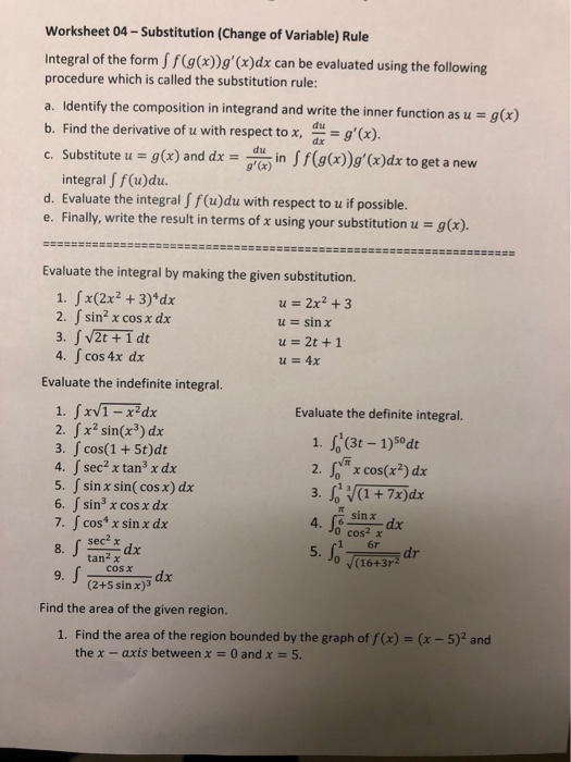 Solved Worksheet 04 - Substitution (Change of Variable) Rule | Chegg.com