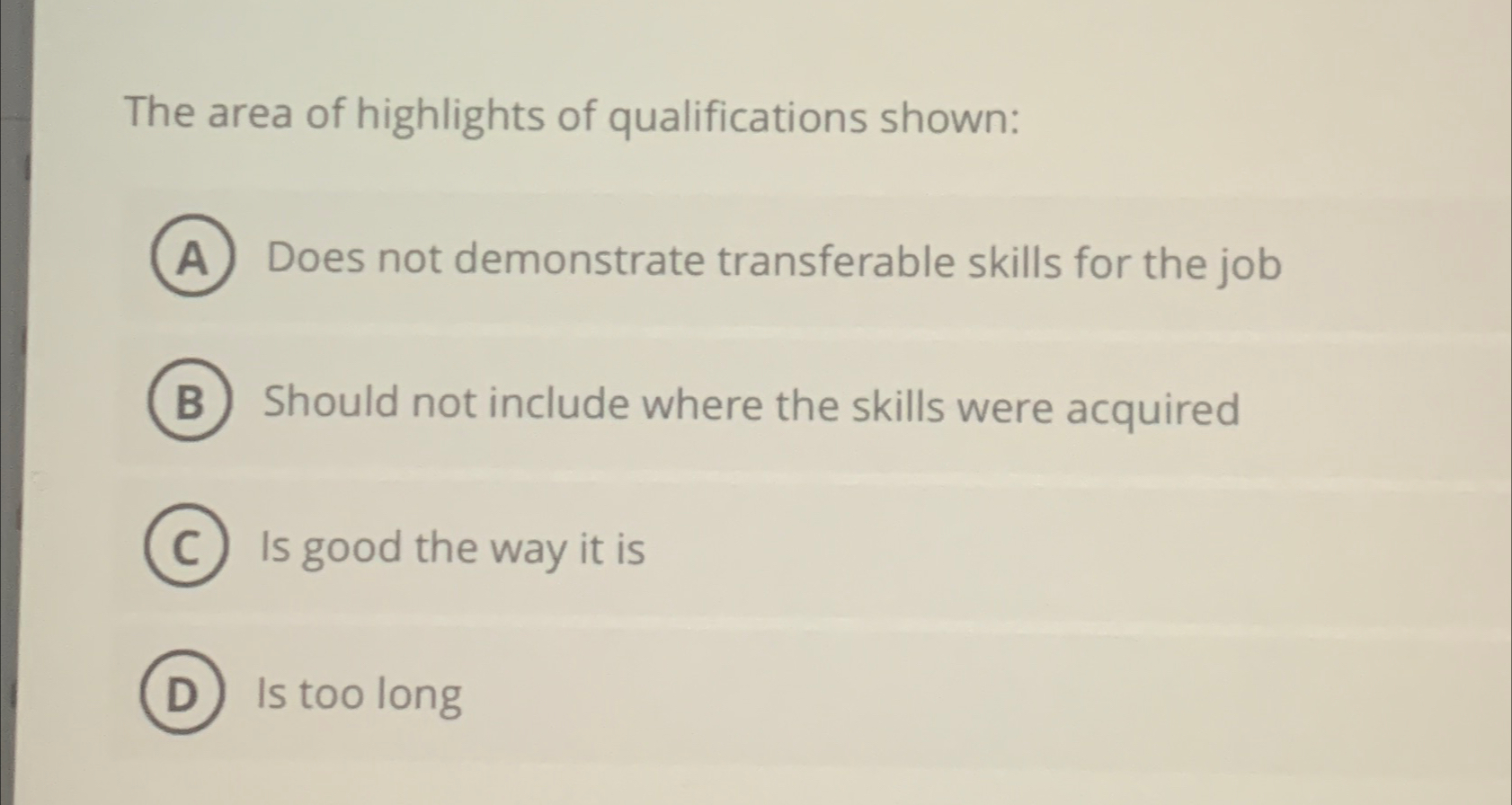 Solved The area of highlights of qualifications shown:Does | Chegg.com