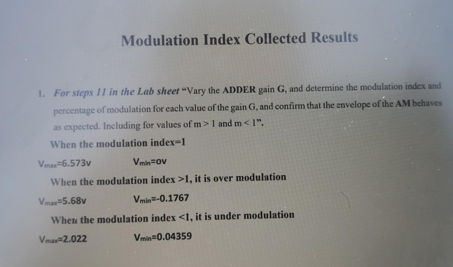 Solved Modulation Index Collected Results 1. For steps II in | Chegg.com