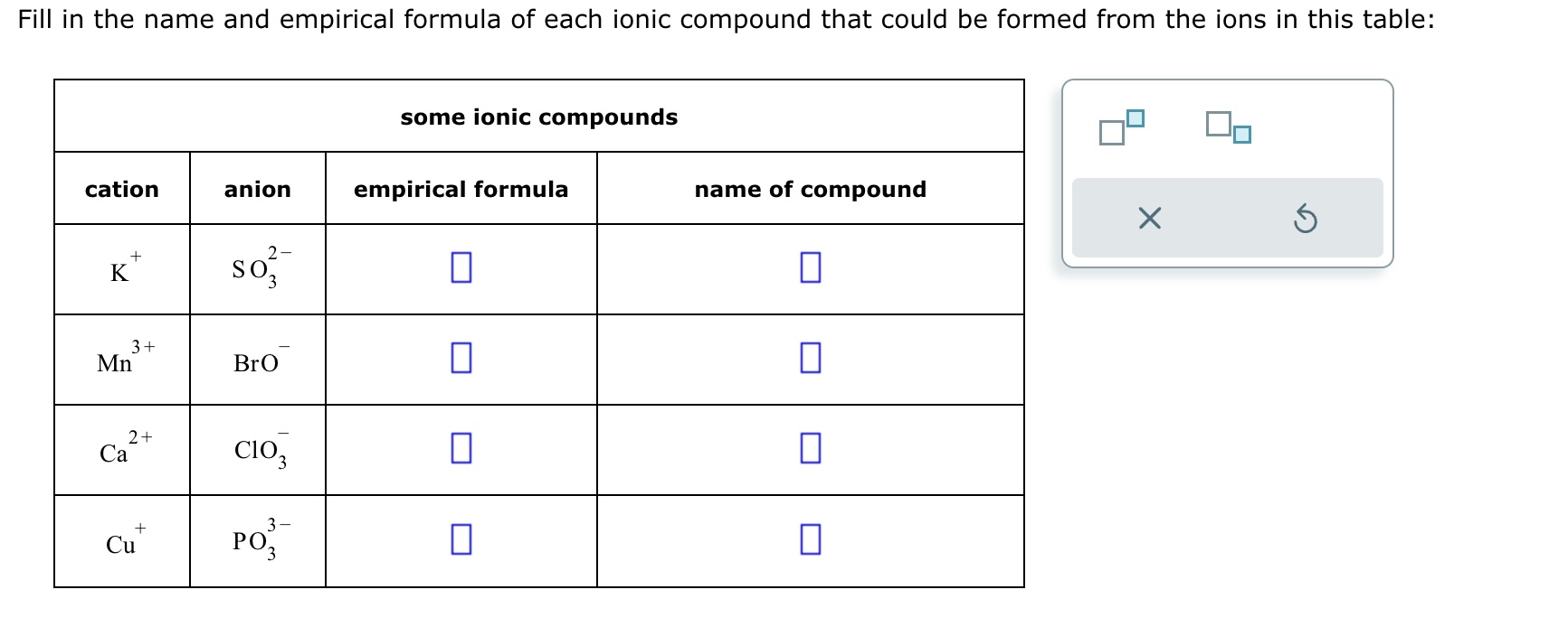 Solved Fill in the name and empirical formula of each ionic | Chegg.com