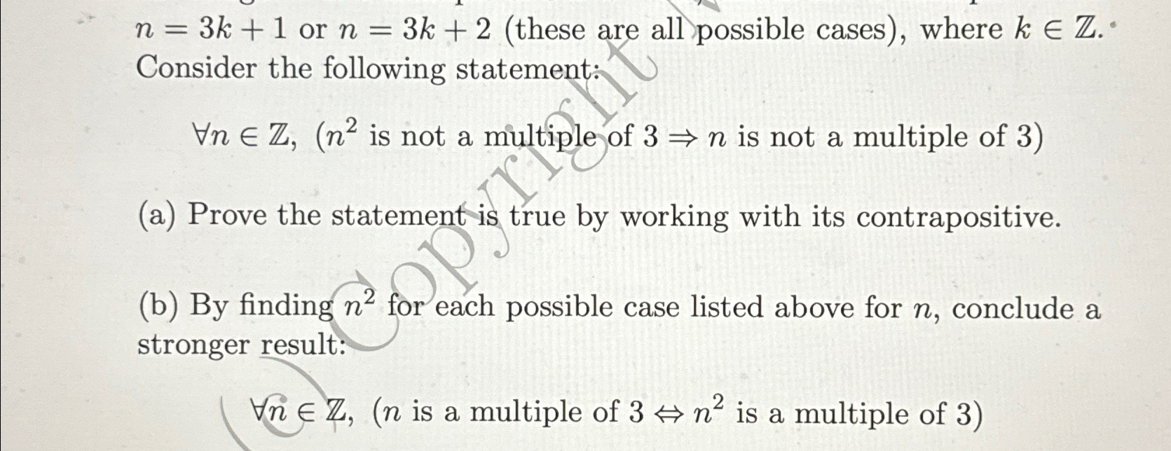 Solved n=3k+1 ﻿or n=3k+2 (these are all possible cases), | Chegg.com