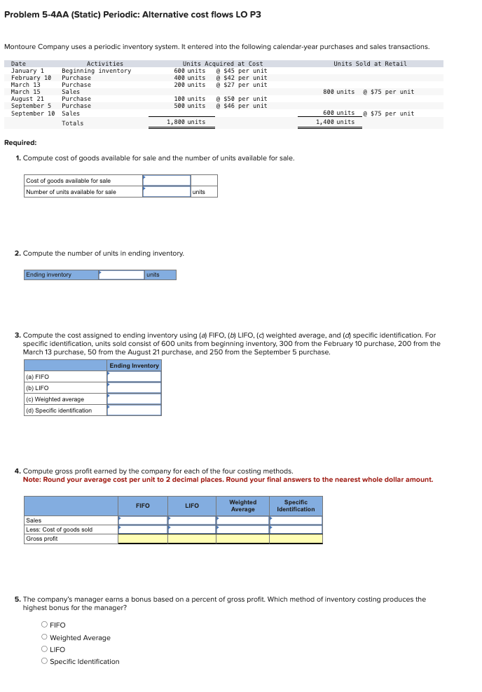 Solved Problem 5-4AA (Static) ﻿Periodic: Alternative cost | Chegg.com