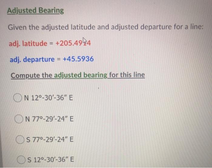 Solved Adjusted Bearing Given the adjusted latitude and | Chegg.com