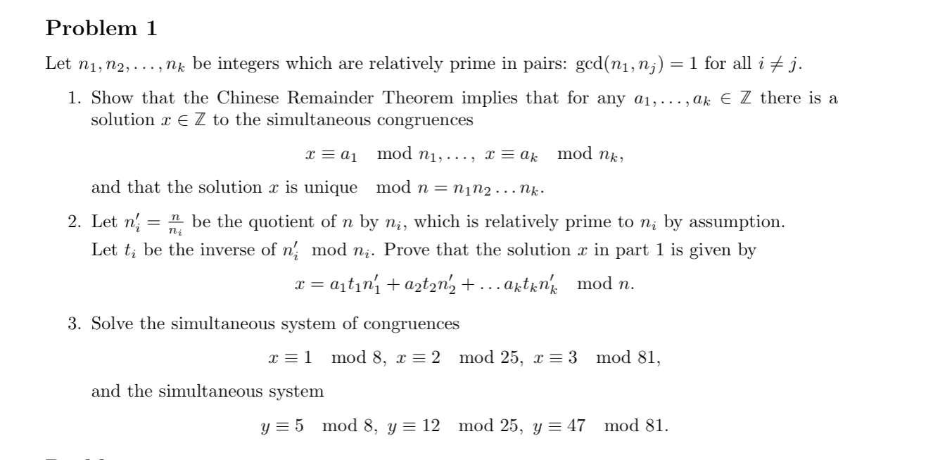 Solved Problem 1Let n_(1),n_(2),dots,n_(k) ﻿be integers | Chegg.com