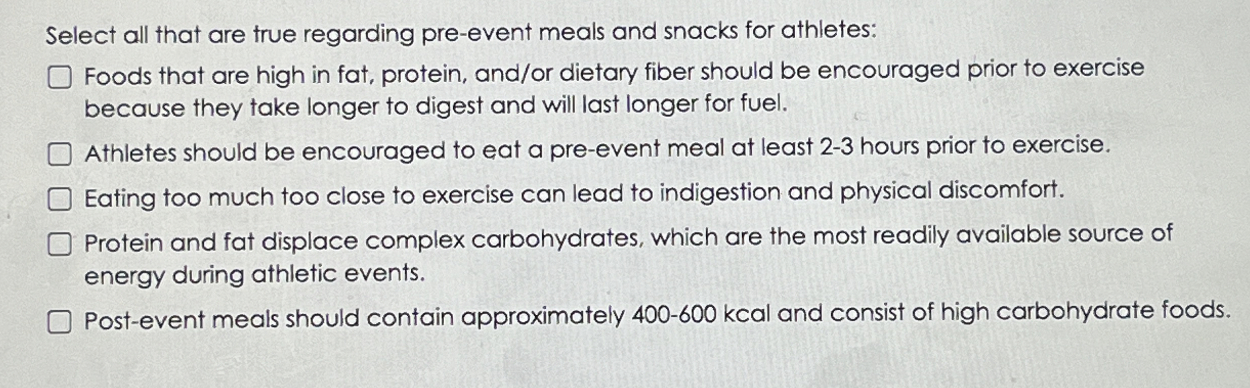 Solved Select all that are true regarding pre-event meals | Chegg.com