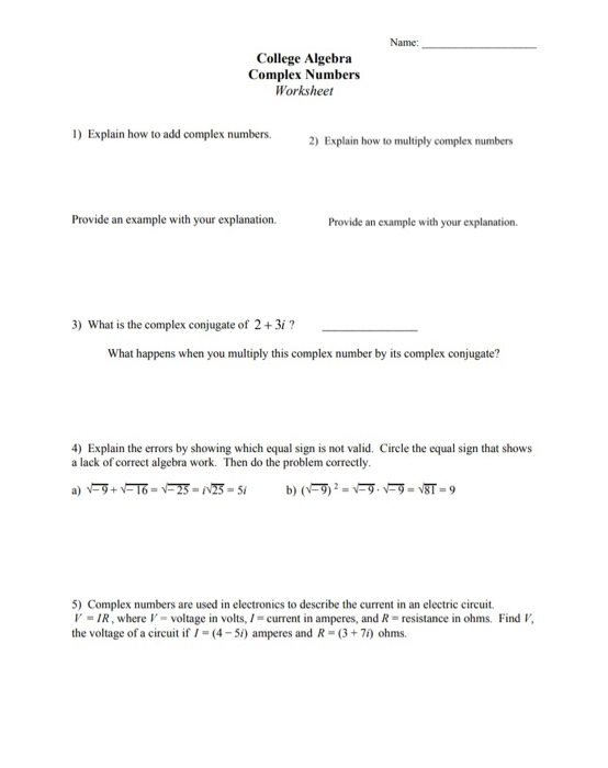 Solved Name College Algebra Complex Numbers Worksheet 1 Chegg