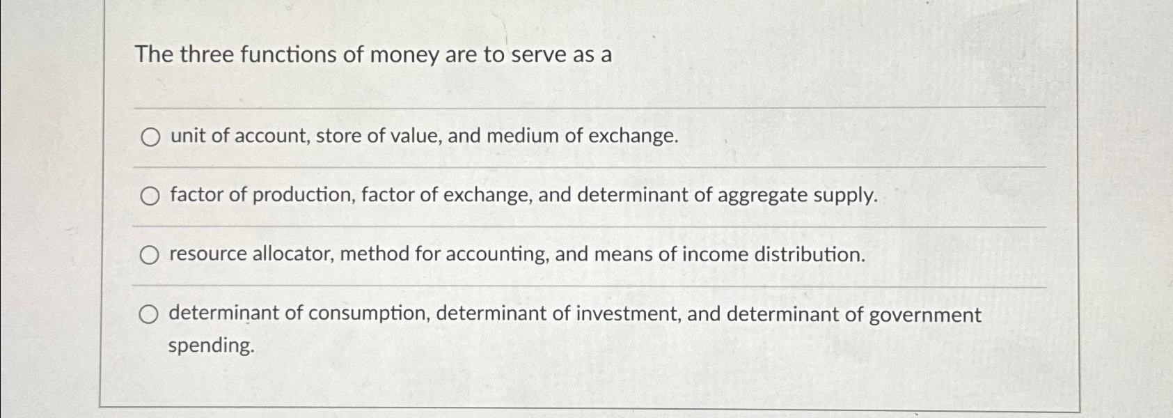 Solved The three functions of money are to serve as aq,unit | Chegg.com