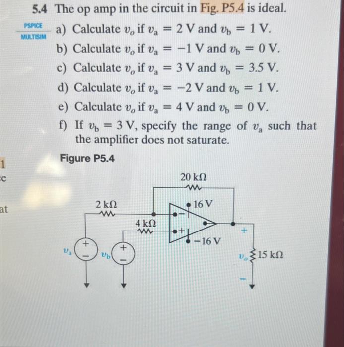 Solved 5.4 The op amp in the circuit in Fig. P5.4 is ideal. | Chegg.com