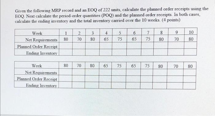 Solved Given the following MRP record and an EOQ of 222 | Chegg.com