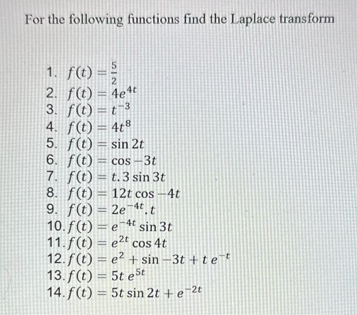 Solved For the following functions find the Laplace | Chegg.com