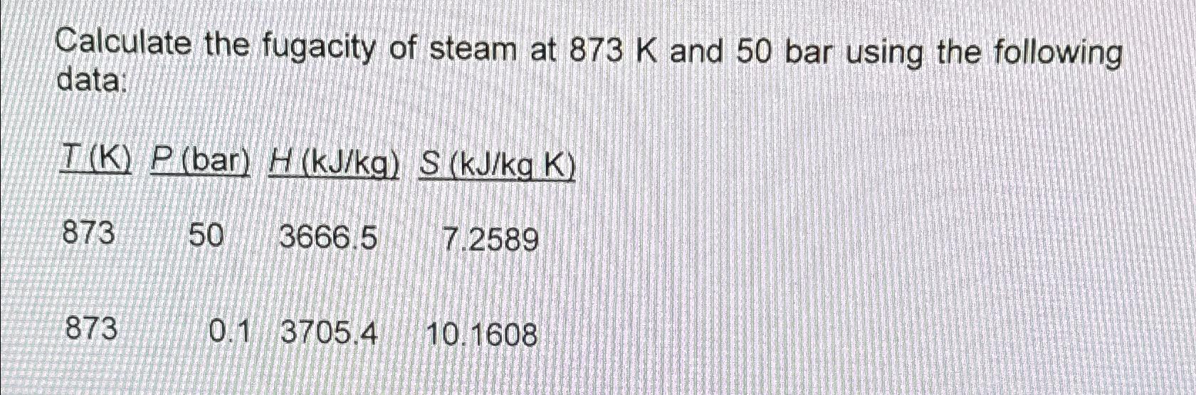 Solved Calculate the fugacity of steam at 873K ﻿and 50 ﻿bar | Chegg.com