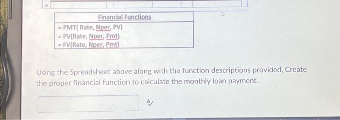 Solved 80 Financial Functions = PMT( Rate, Nper, PV) = | Chegg.com