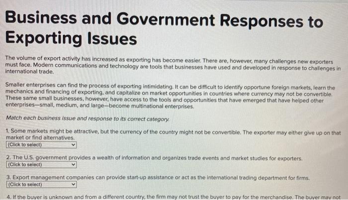 Solved Business and Government Responses to Exporting Issues | Chegg.com