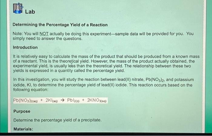 Solved Lab Determining the Percentage Yield of a Reaction | Chegg.com