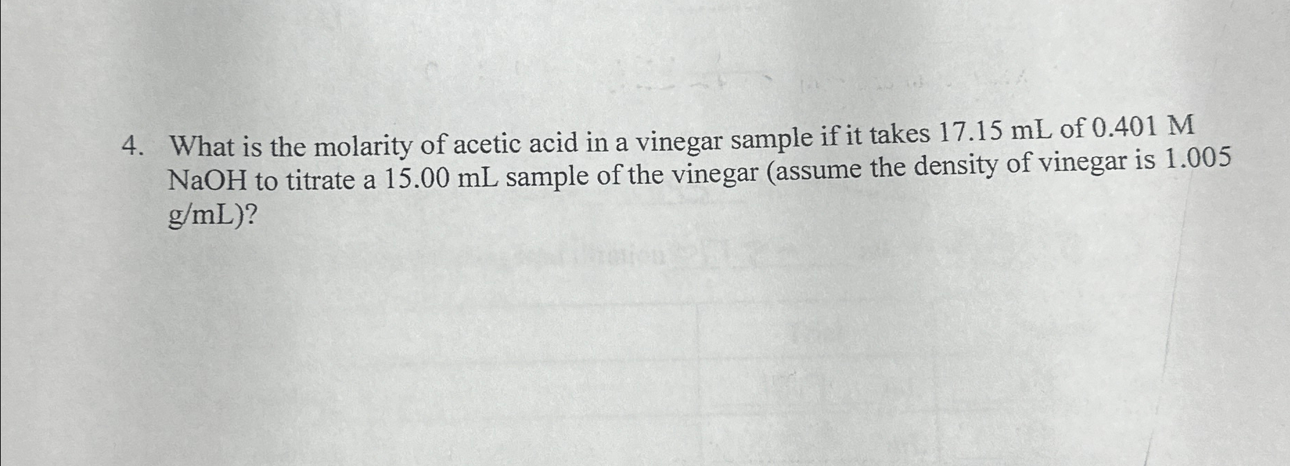 Solved What is the molarity of acetic acid in a vinegar | Chegg.com