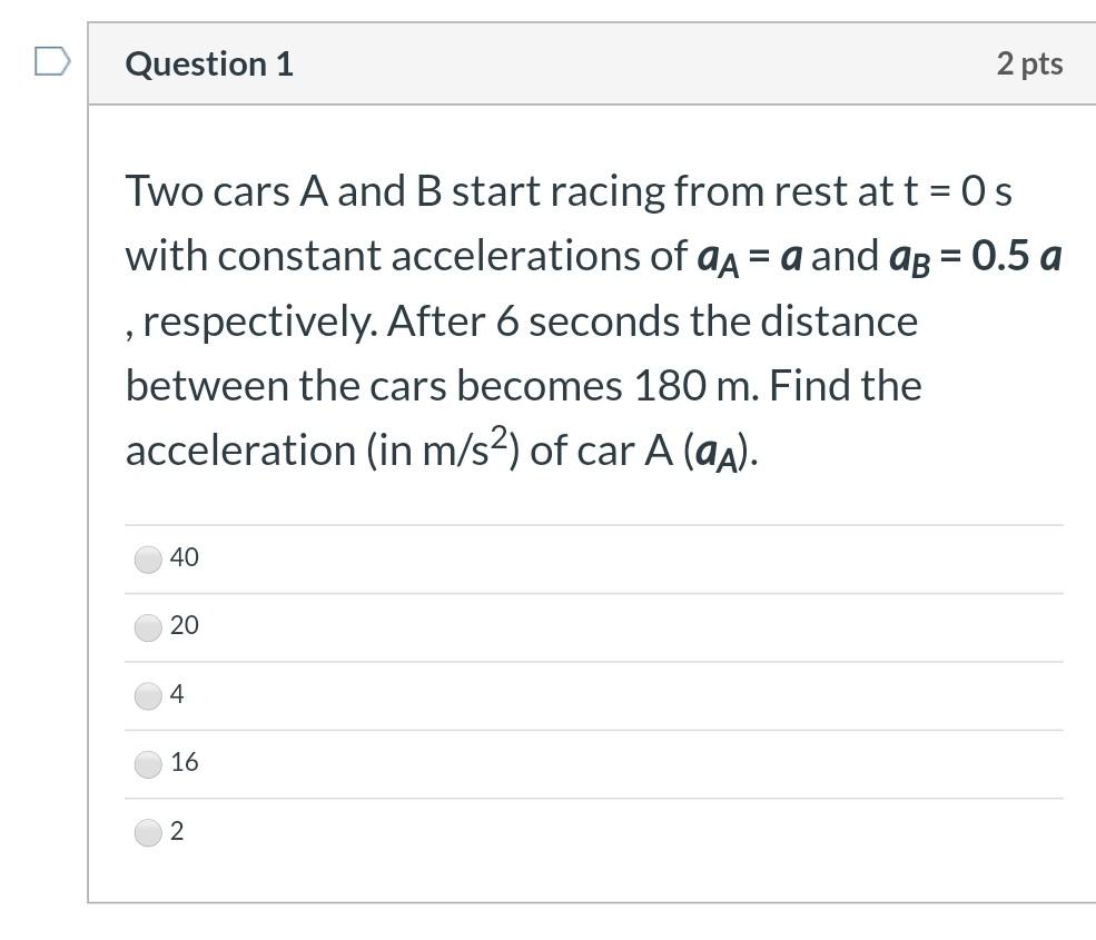 Solved Question 1 2 pts Two cars A and B start racing from | Chegg.com