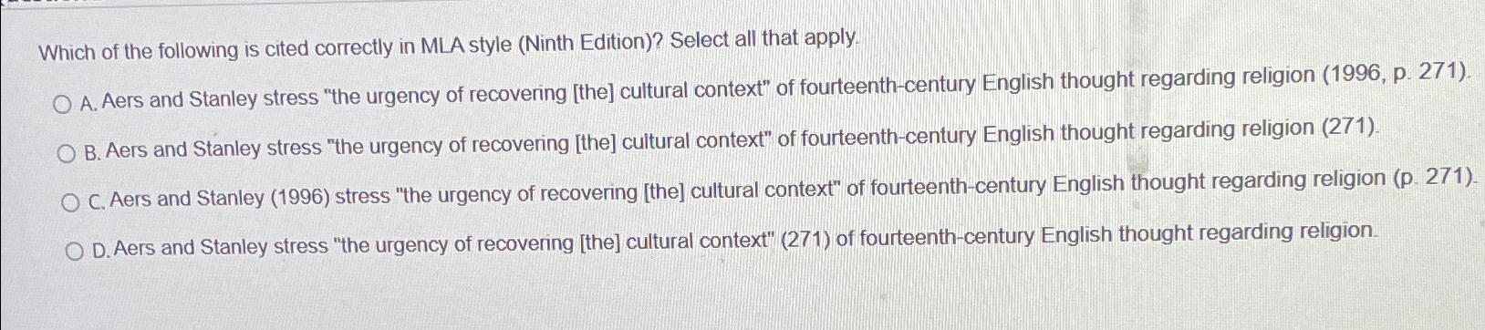 Solved Which of the following is cited correctly in MLA | Chegg.com