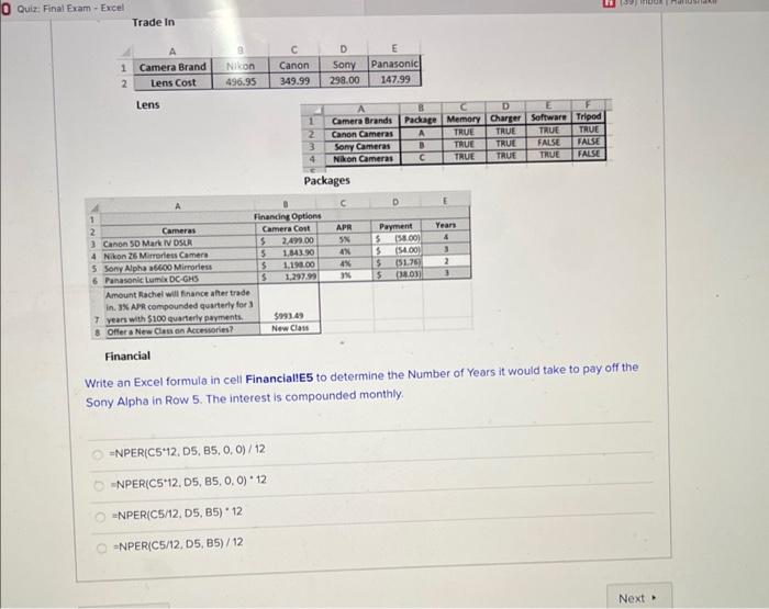 Solved Trade in LensLens Packages Financial Write an Excel | Chegg.com