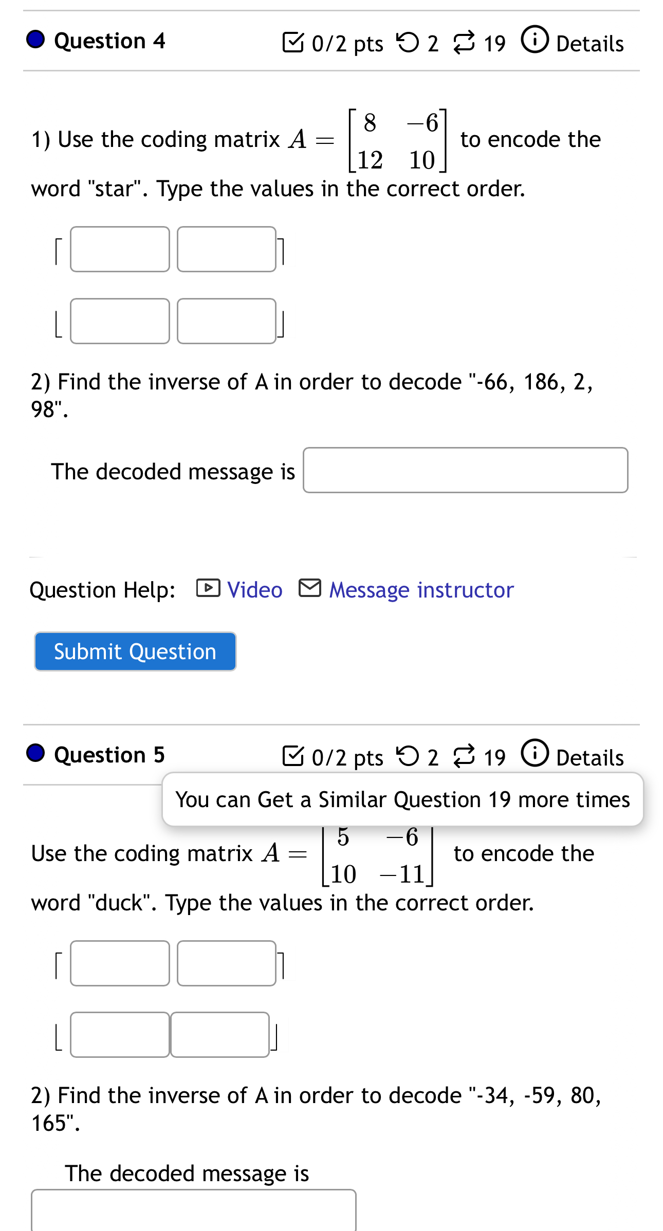 Solved Question 402 ﻿pts2⇄19DetailsUse the coding matrix | Chegg.com