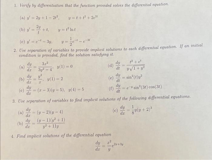 Solved 1. Verify by differentiation that the function | Chegg.com