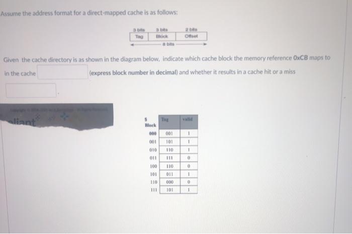 Solved Assume the address format for a direct mapped cache | Chegg.com