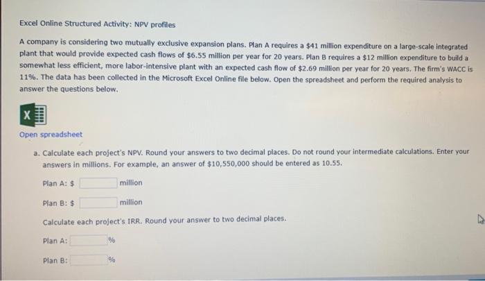 Solved Excel Online Structured Activity: NPV profiles A | Chegg.com