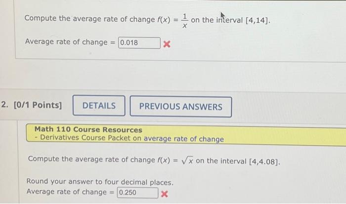 Solved Compute the average rate of change f(x)=x1 on the | Chegg.com