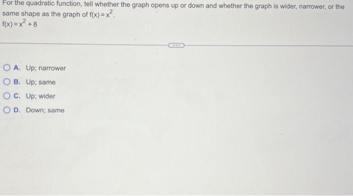 Solved For the quadratic function, tell whether the graph | Chegg.com